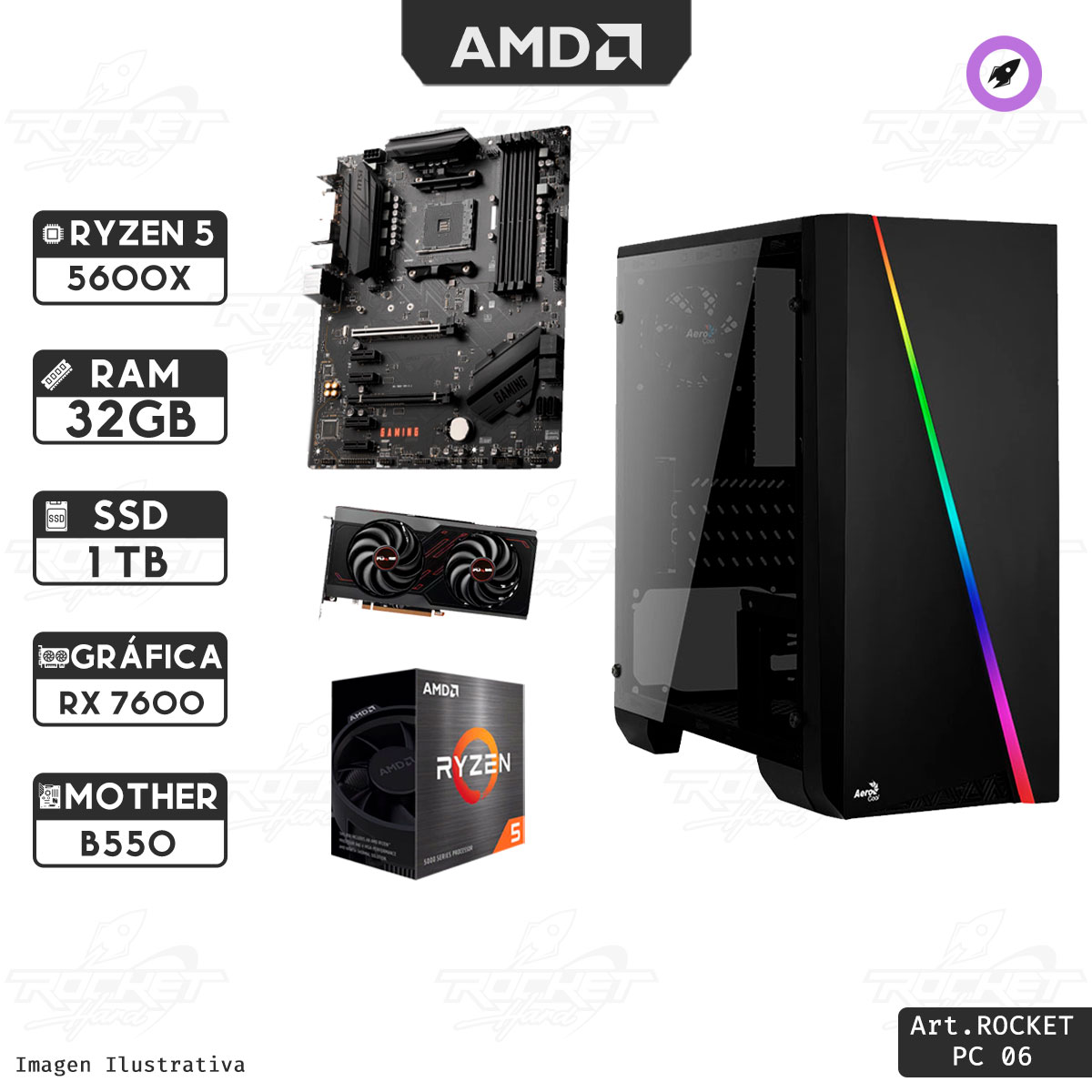 Pc Rocket - Ryzen 5 5600x - 32gb - 1tb - Rx 7600 - 750w - Gabinete Rgb ...