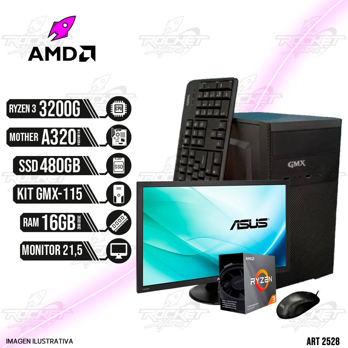 Pc Rocket - Ryzen 3 3200g - 16gb - 512gb - Kit Gabinete - Monitor ...